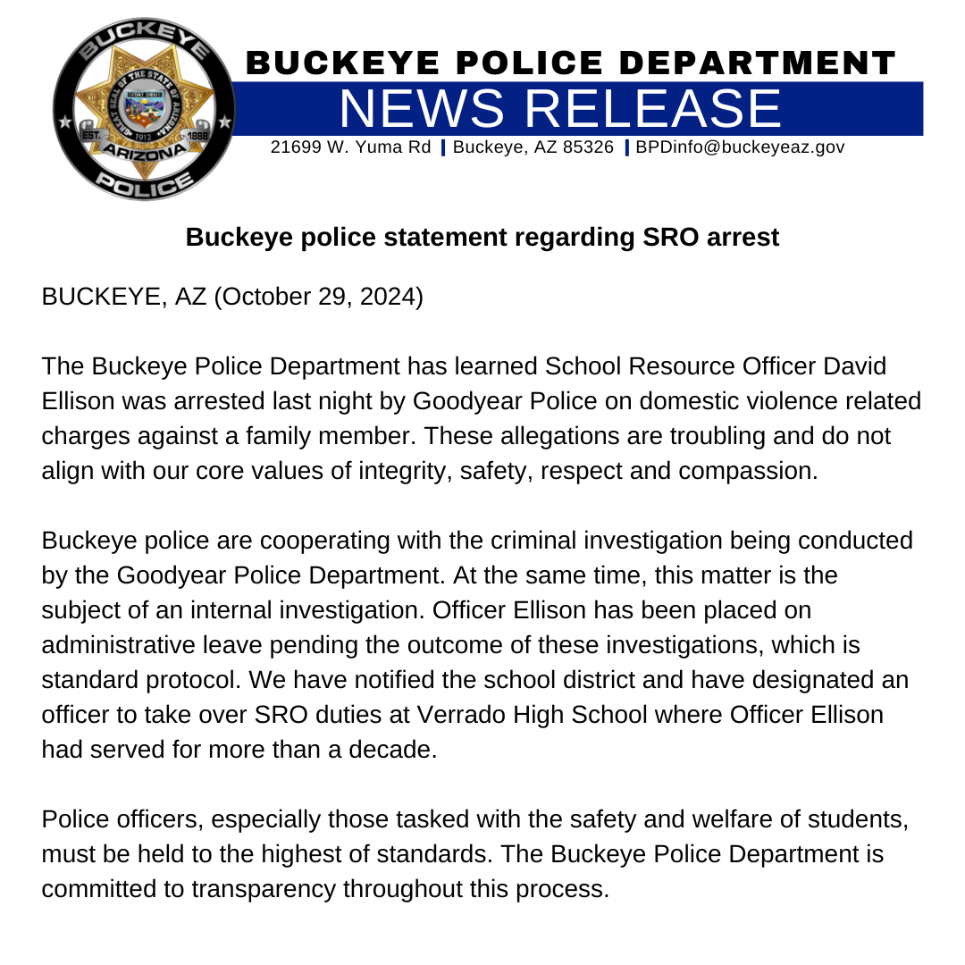 The Buckeye Police Department has learned School Resource Officer David ...