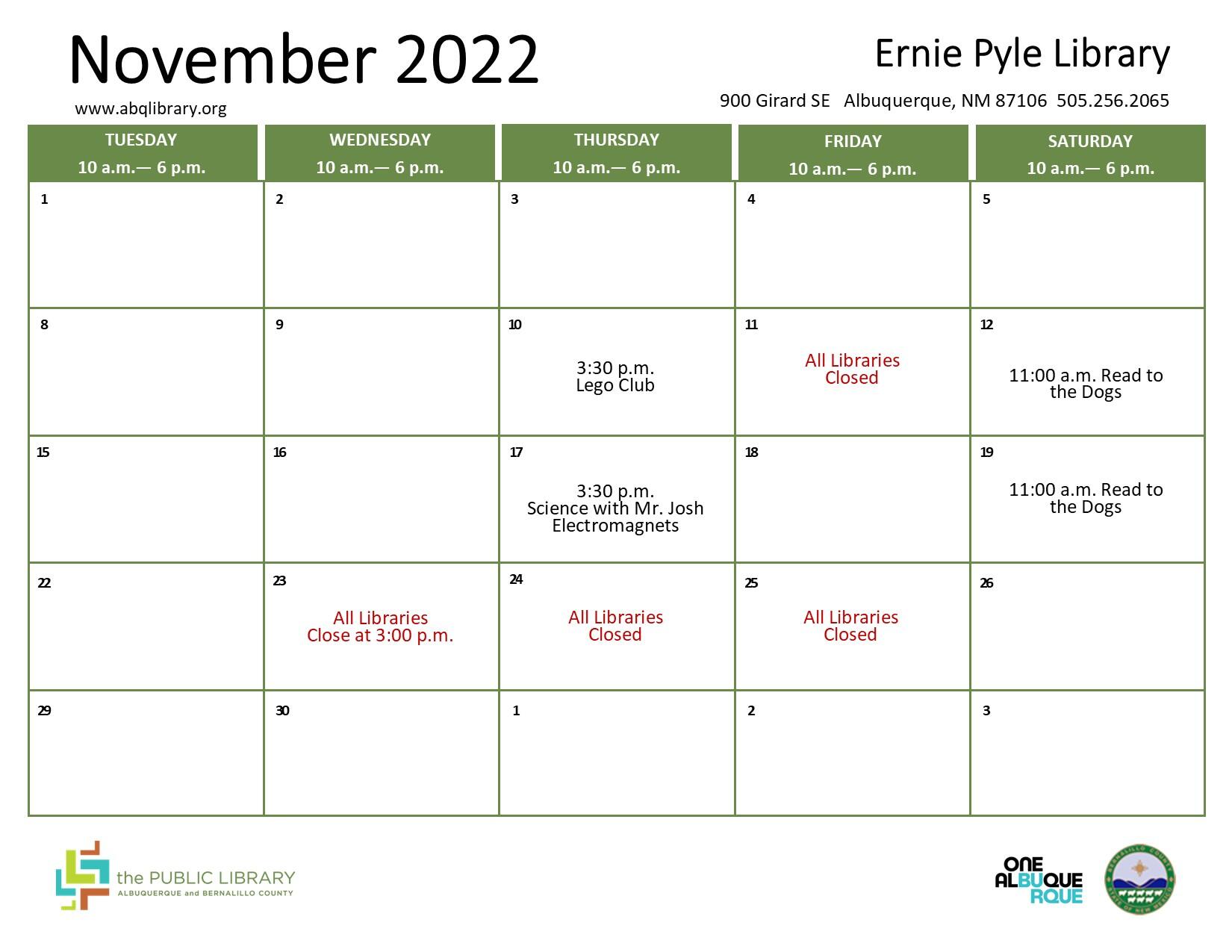 Ernie Pyle Library, November 2022 Calendar & Programs (City of ...