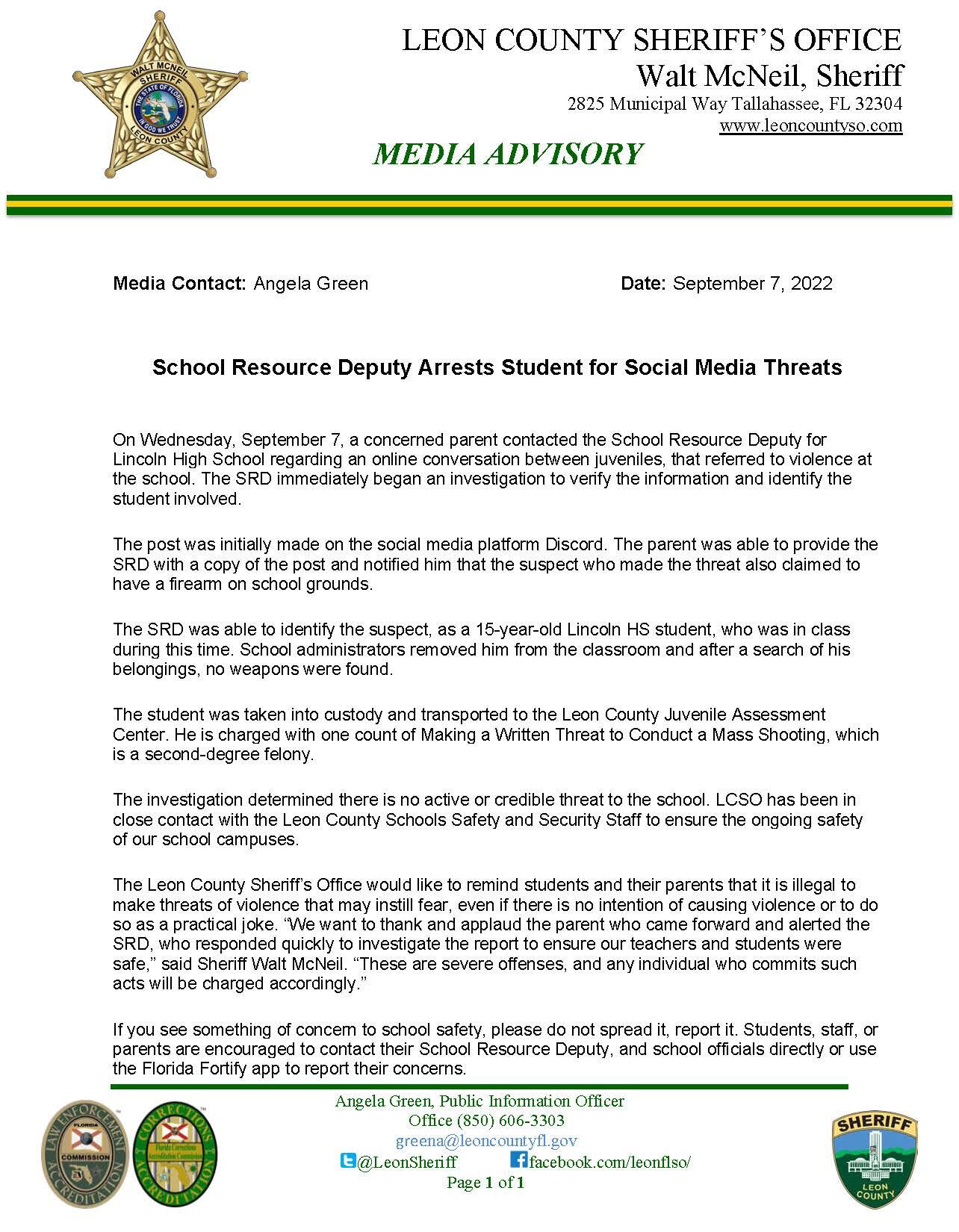School Resource Deputy Arrests Student for Social Media Threats (Leon ...