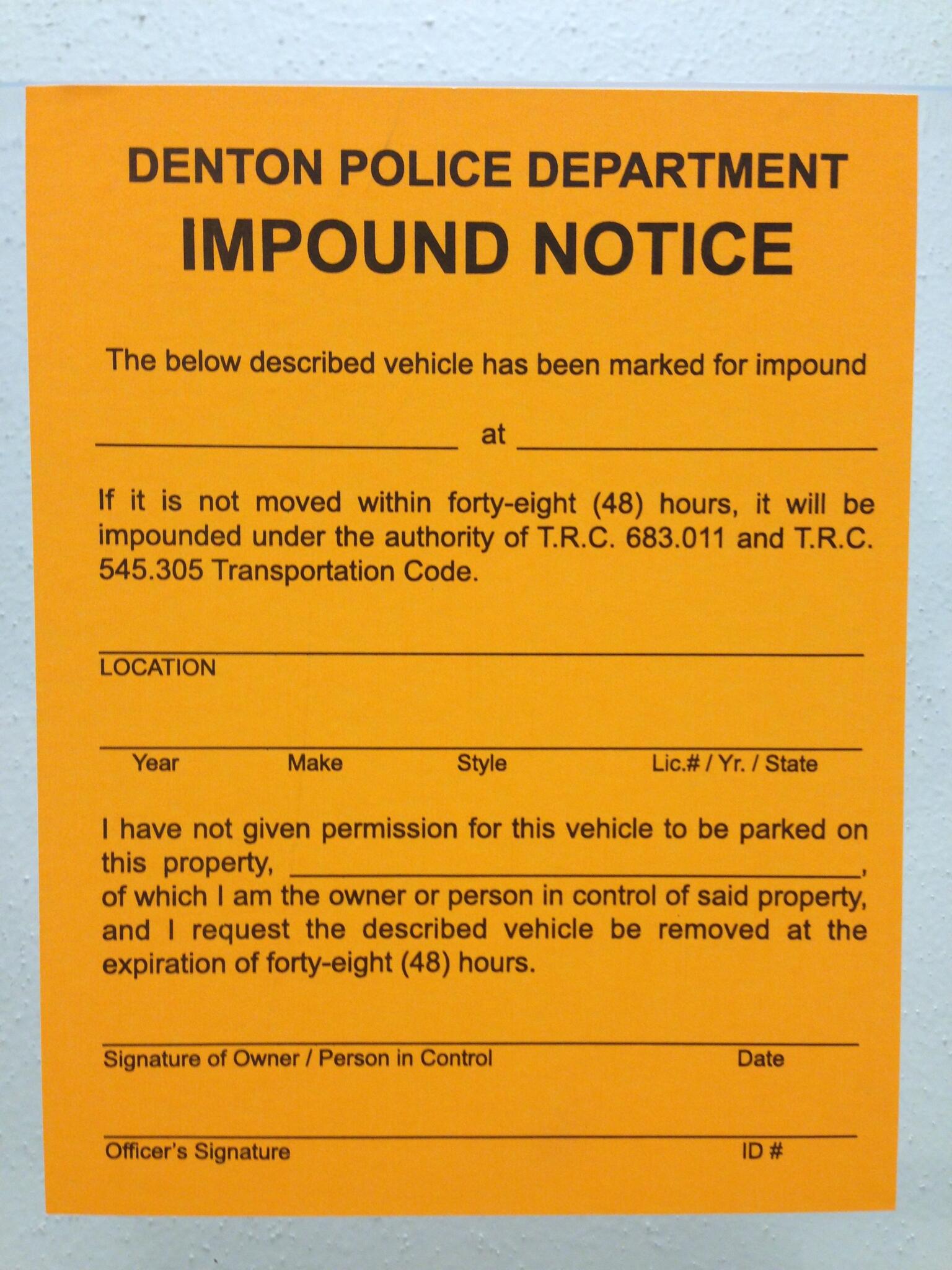 Impound notices (Denton Police Department) — Nextdoor — Nextdoor