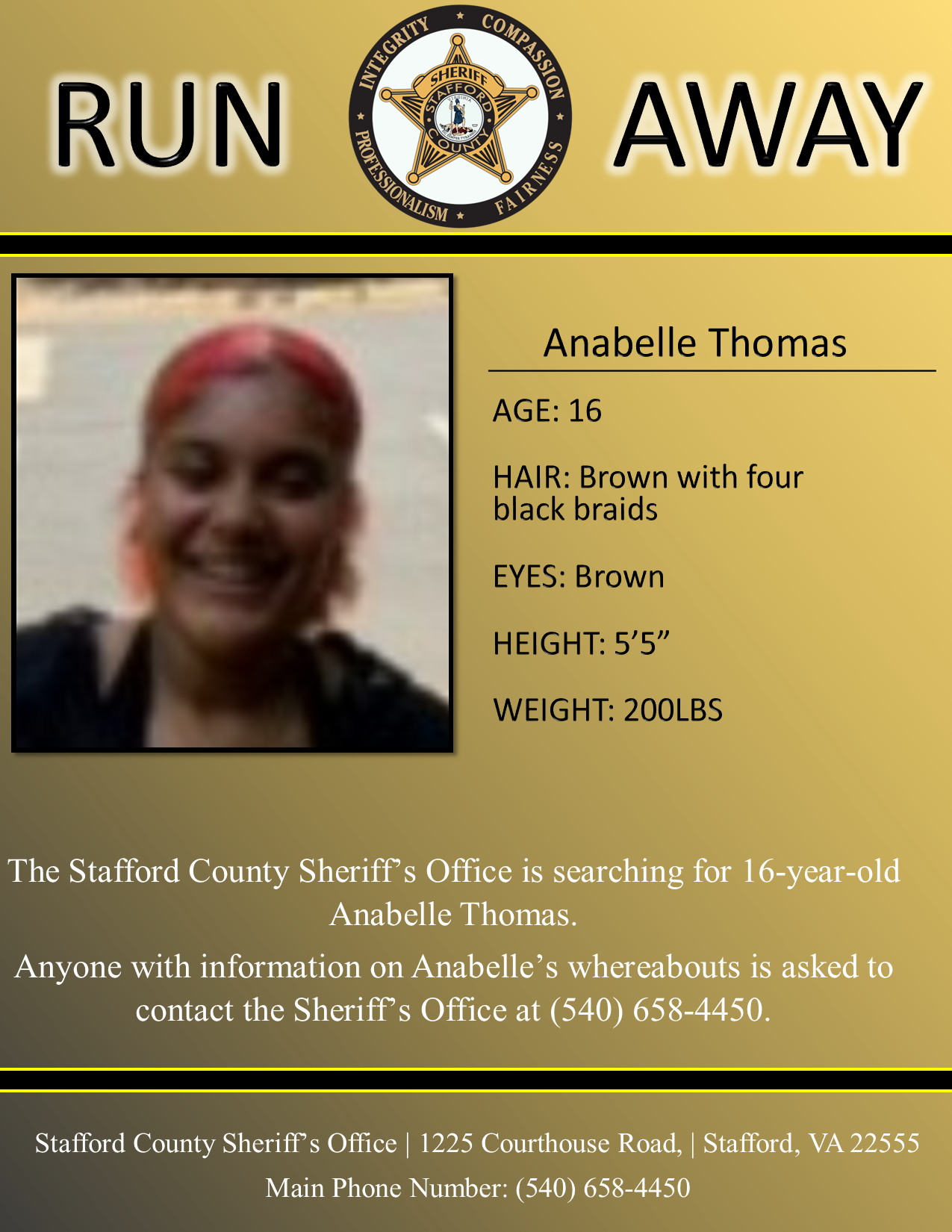 The Stafford County Sheriff's Office needs your help locating Anabelle ...
