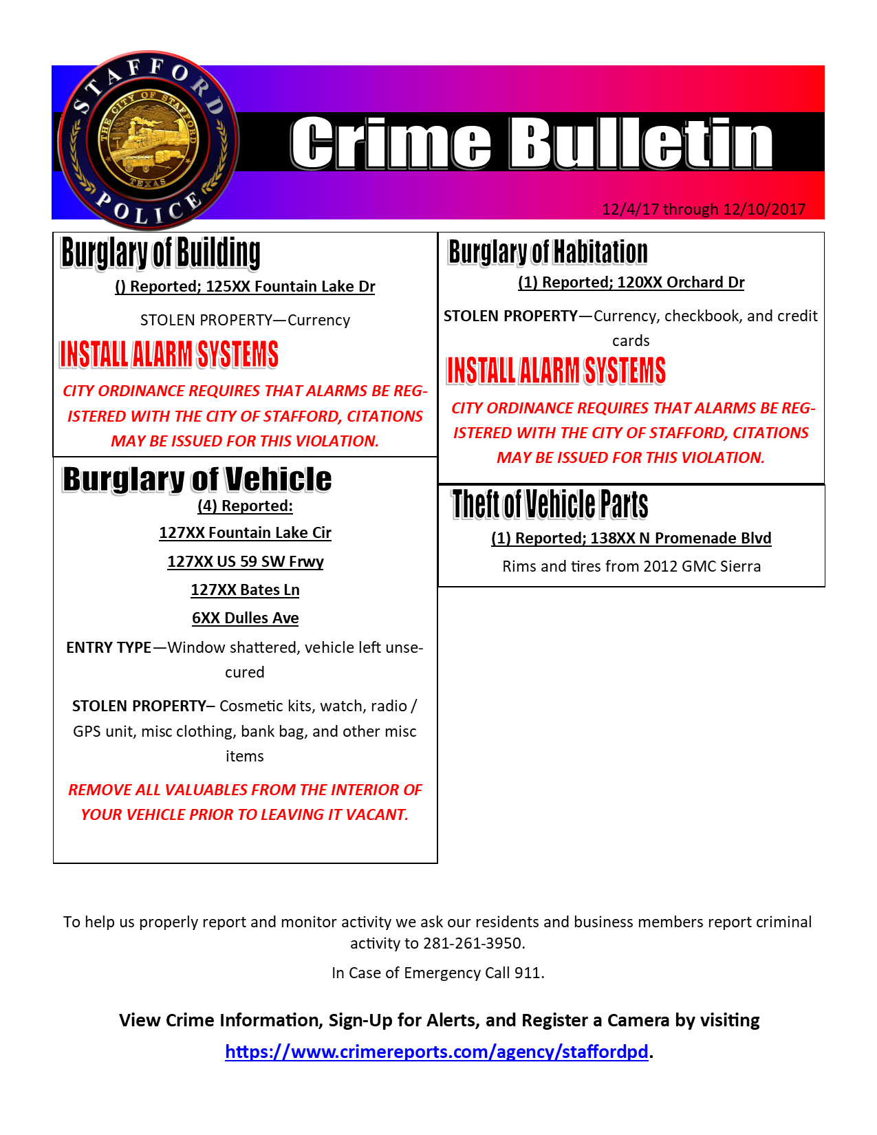 WEEKLY CRIME BULLETIN (Stafford Police Department) — Nextdoor — Nextdoor