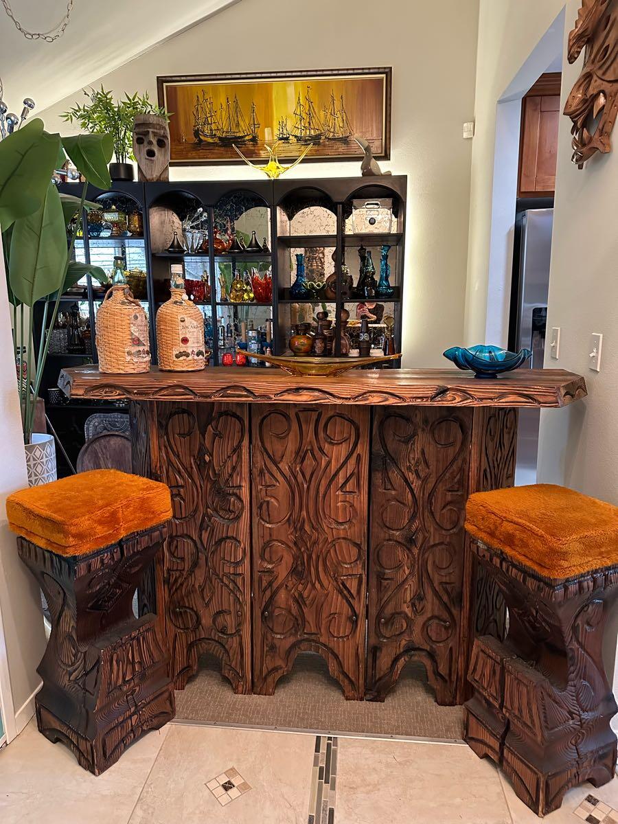 Witco Tiki Bar MCM “Hacienda” with two original upholstered stools for ...