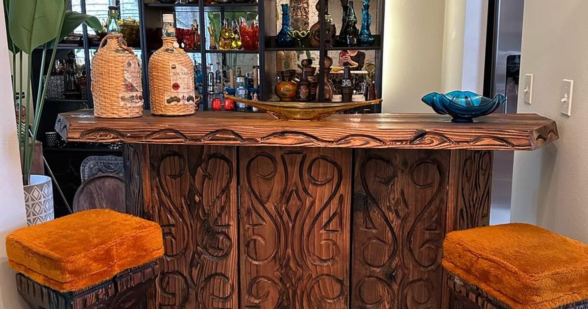 Witco Tiki Bar MCM “Hacienda” with two original upholstered stools for ...