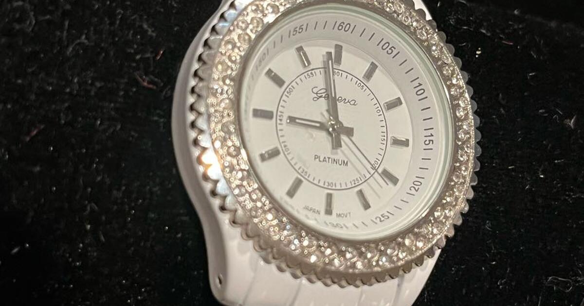 White pave crystal geneva watch white ceramic band platinum model for ...