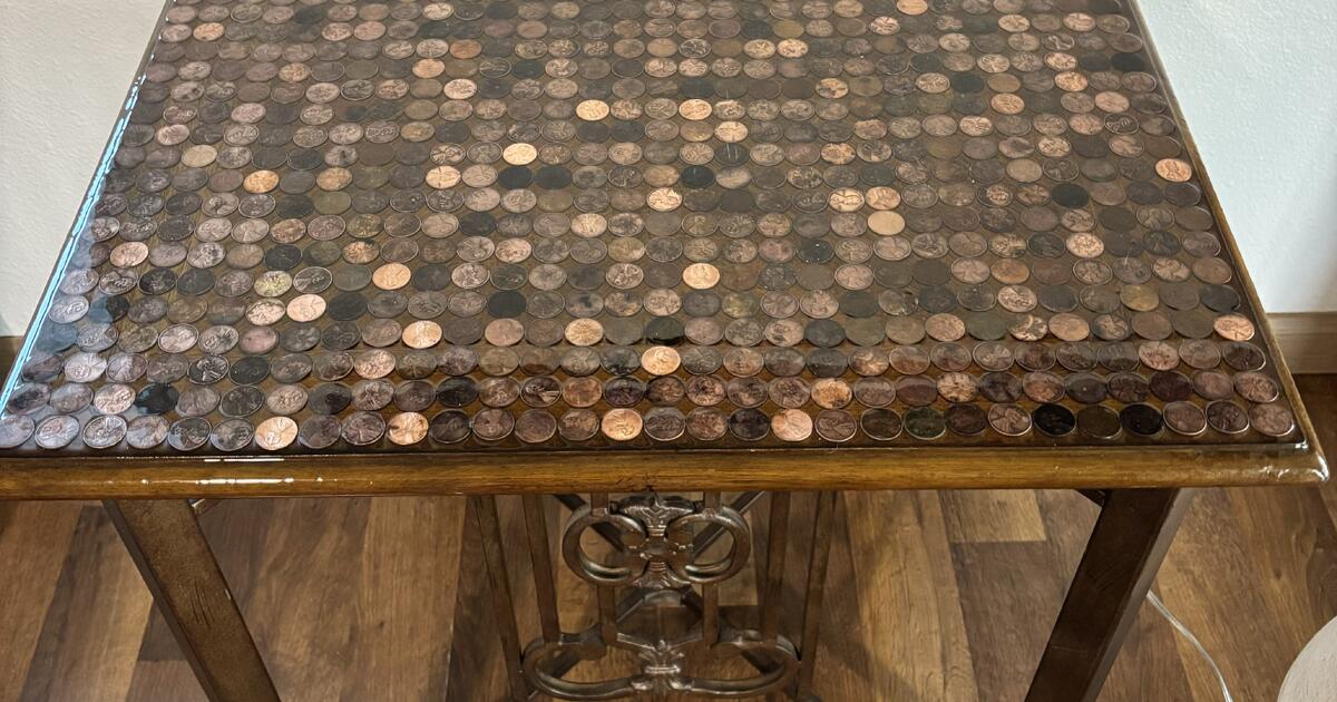"PENNIES" in clear resin adorned metal & wood Side Table By LOCAL ...