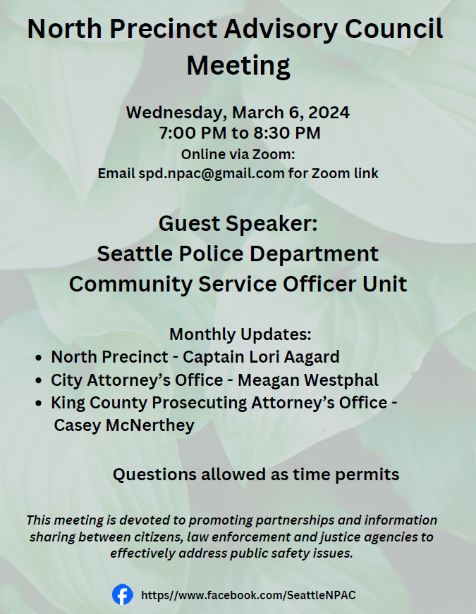 The North Precinct Advisory Council (NPAC) will meet at 7:00 p ...