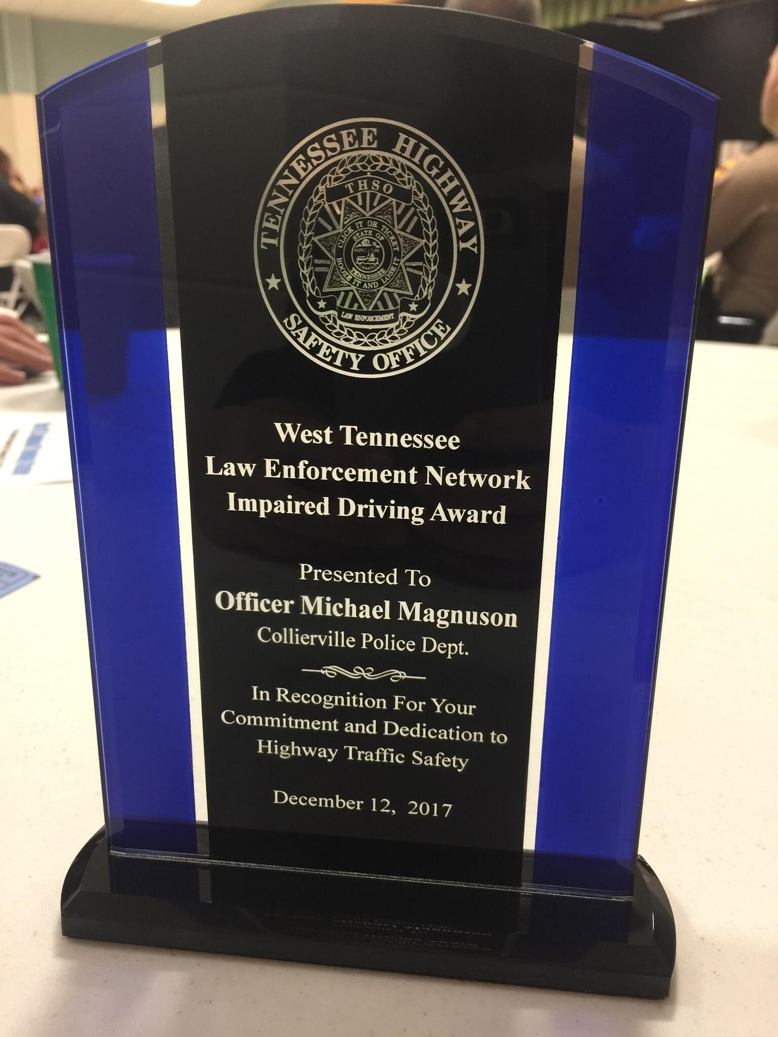 Officer Receives State Award for DUI Enforcement (Collierville Police ...