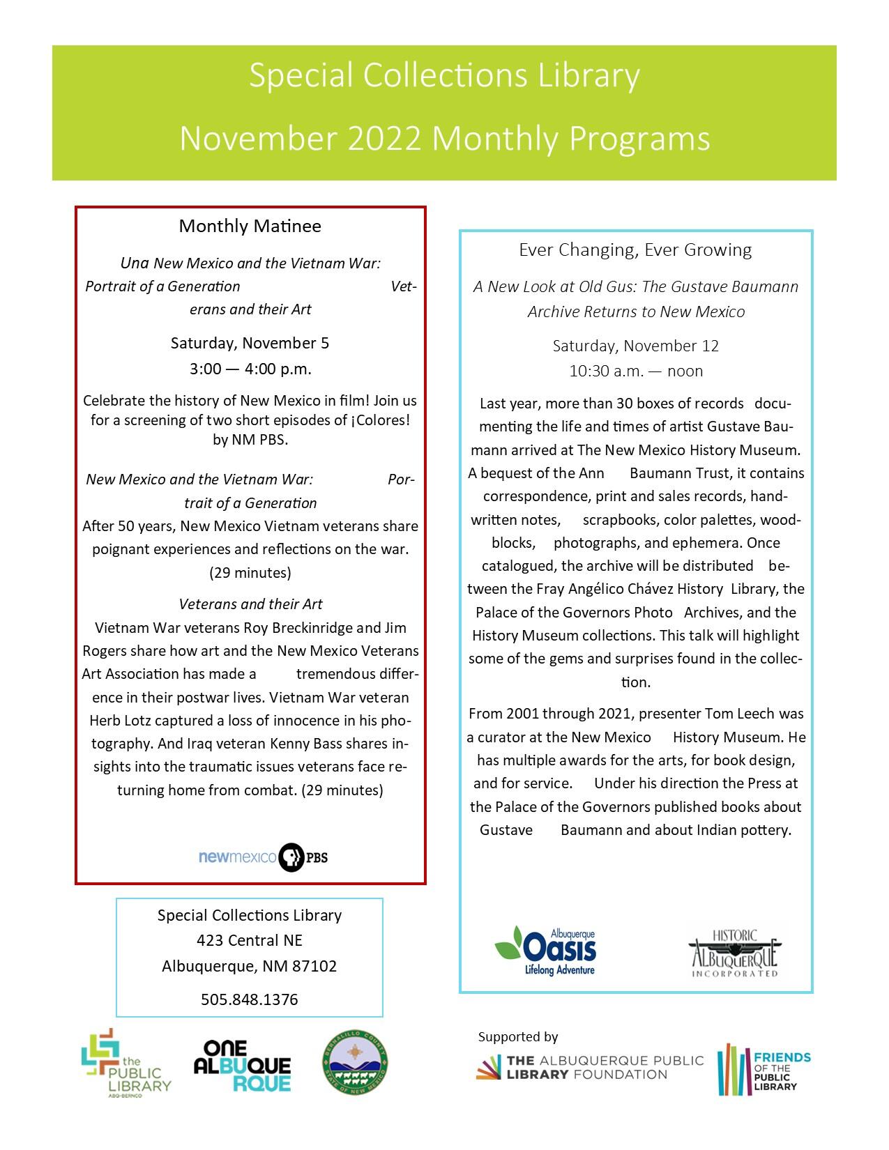 Special Collections Library, November 2022 Programs (City of ...