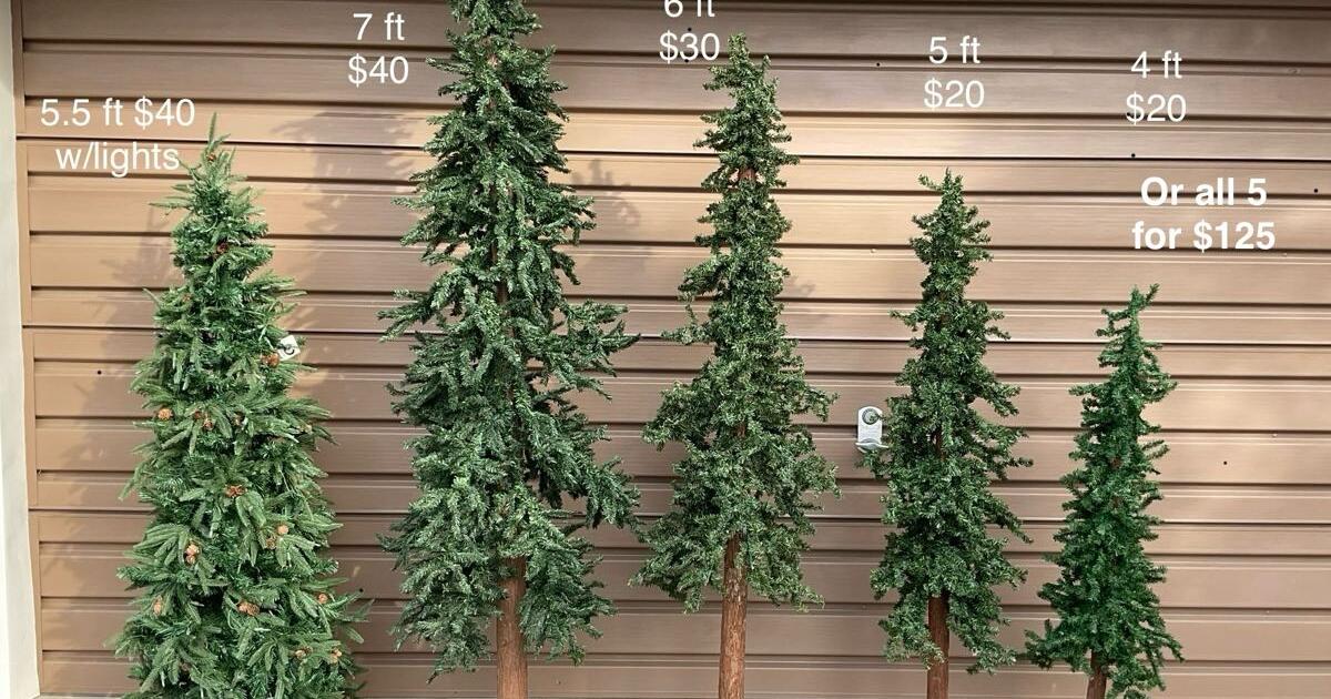 Christmas Trees, tree skirts and snowman figurines (5 ft & 5.5 ft trees ...