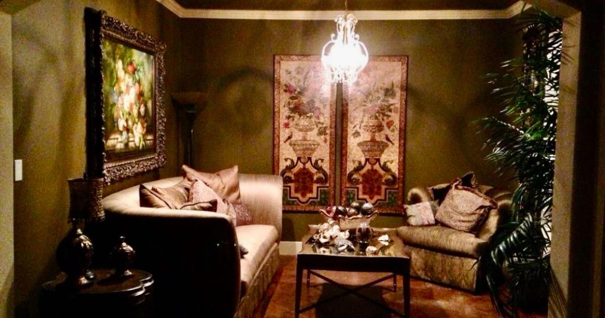 Designer Marge Carson living room sofa silk tufted sofa orig 10k for ...