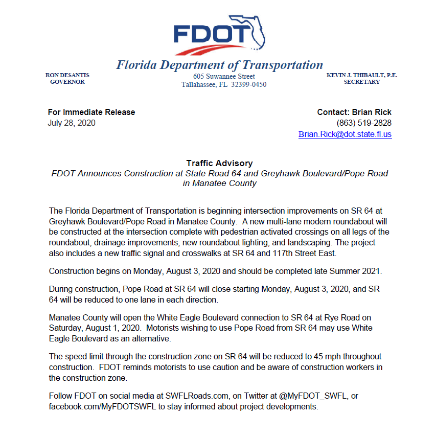 FDOT TRAFFIC ADVISORY: FDOT Announces Construction at State Road 64 and ...