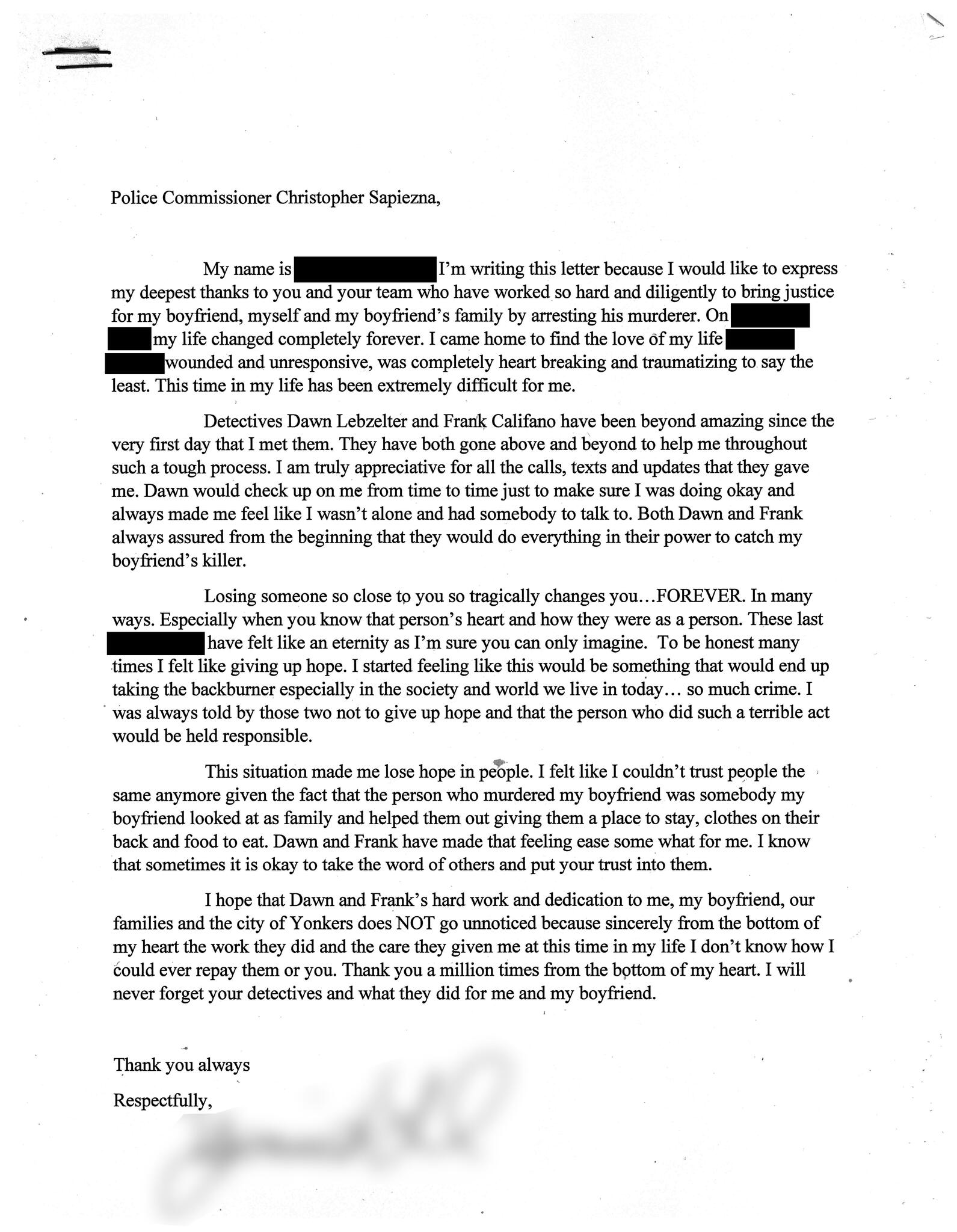 Letter to the Police Commissioner (Yonkers Police Department ...