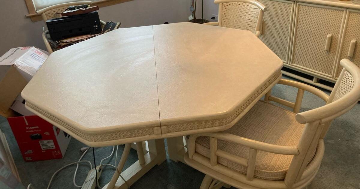 Dining table rattan 48” plus 2 17” leaves, buffet & 6 swivel cushioned ...
