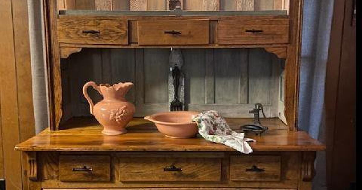 Antique Hoosier Baker's Cabinet table combination with 2 possum belly ...