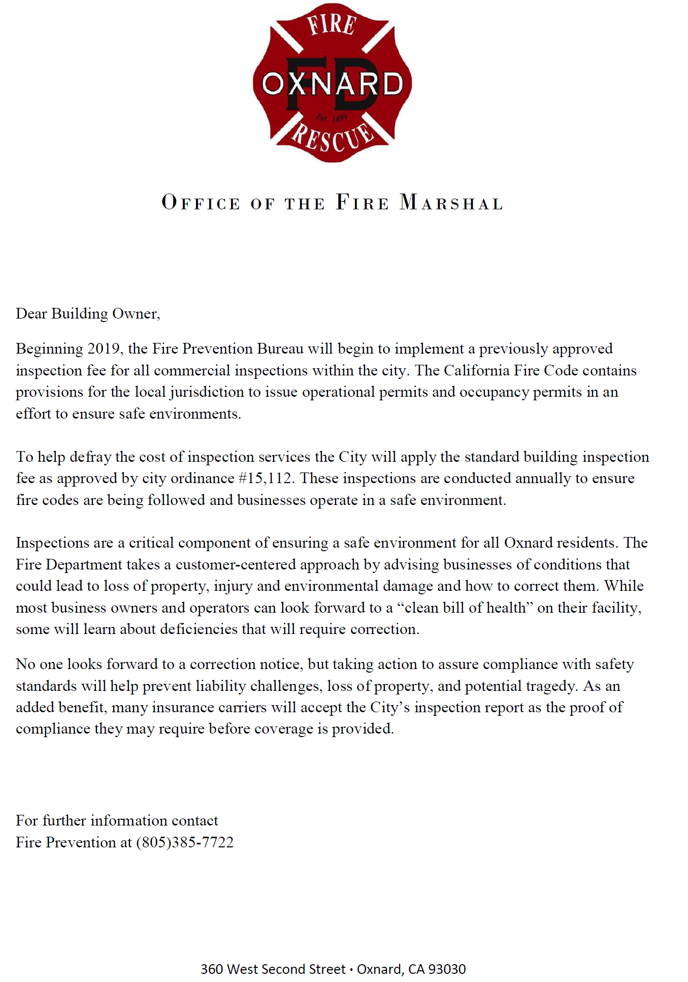 Use of Fee Schedule for Commercial Fire Inspections (Oxnard Fire ...