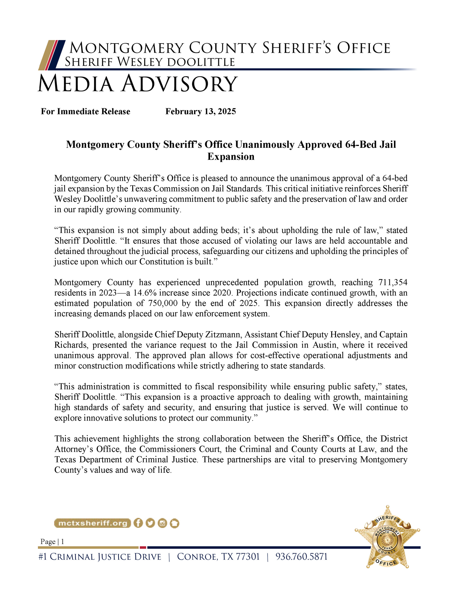 Montgomery County Sheriff’s Office Unanimously Approved 64-Bed Jail ...