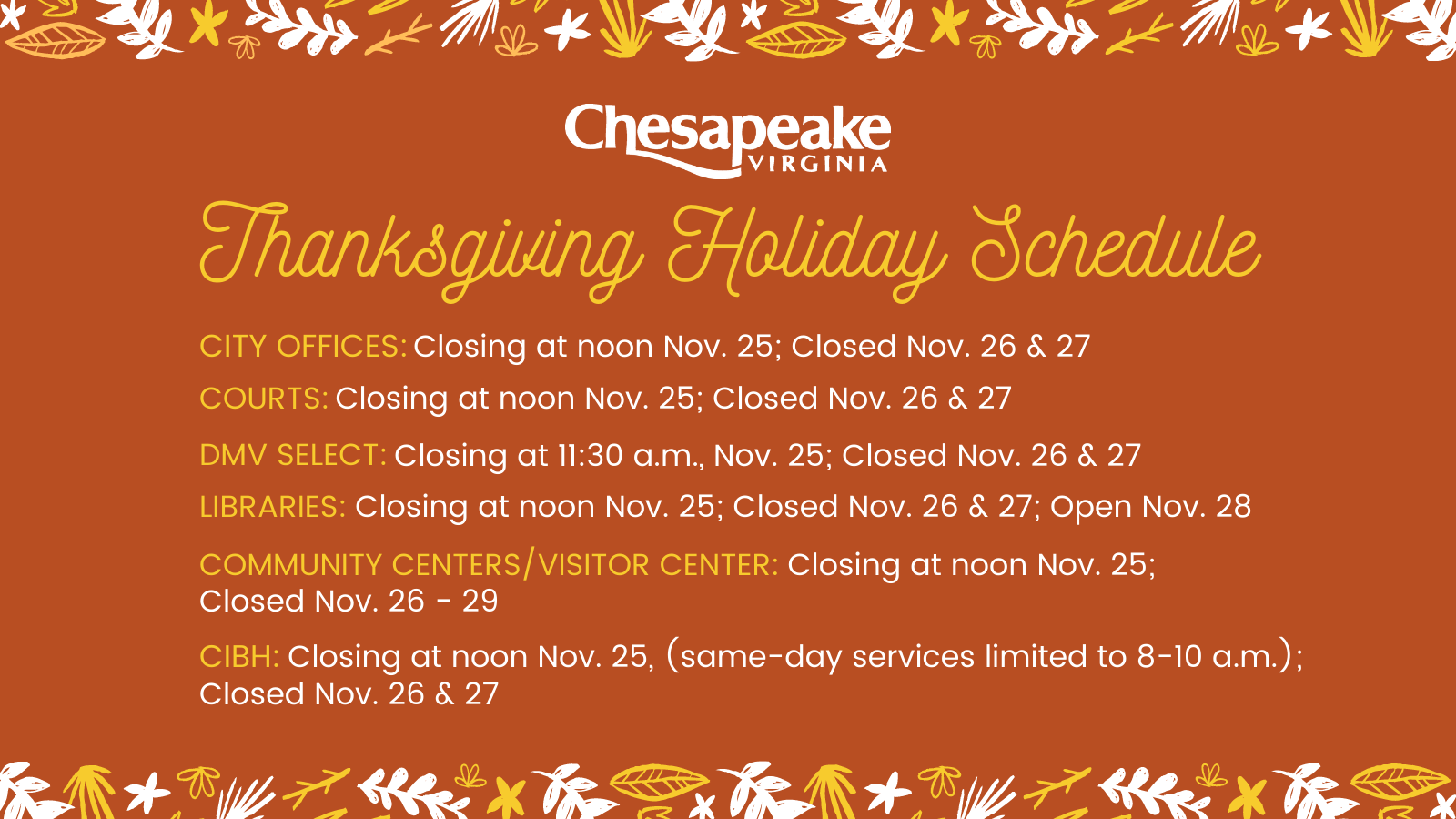 Thanksgiving Holiday Schedule (City of Chesapeake) — Nextdoor — Nextdoor