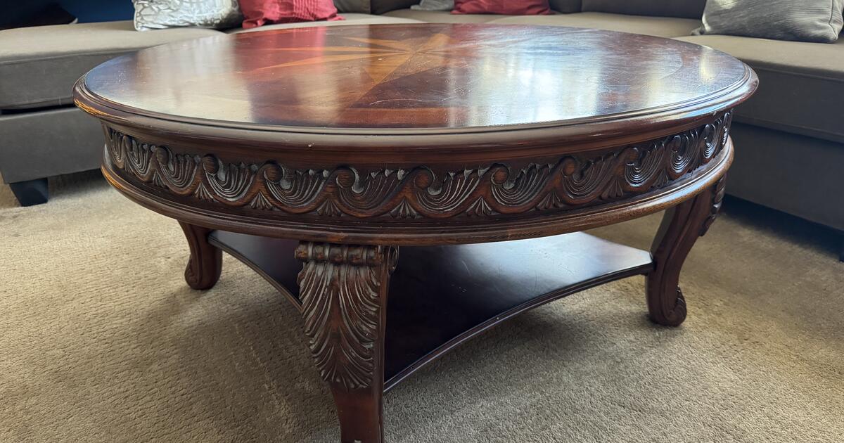 Beautiful round inlaid decorative wood coffee table for $200 in ...