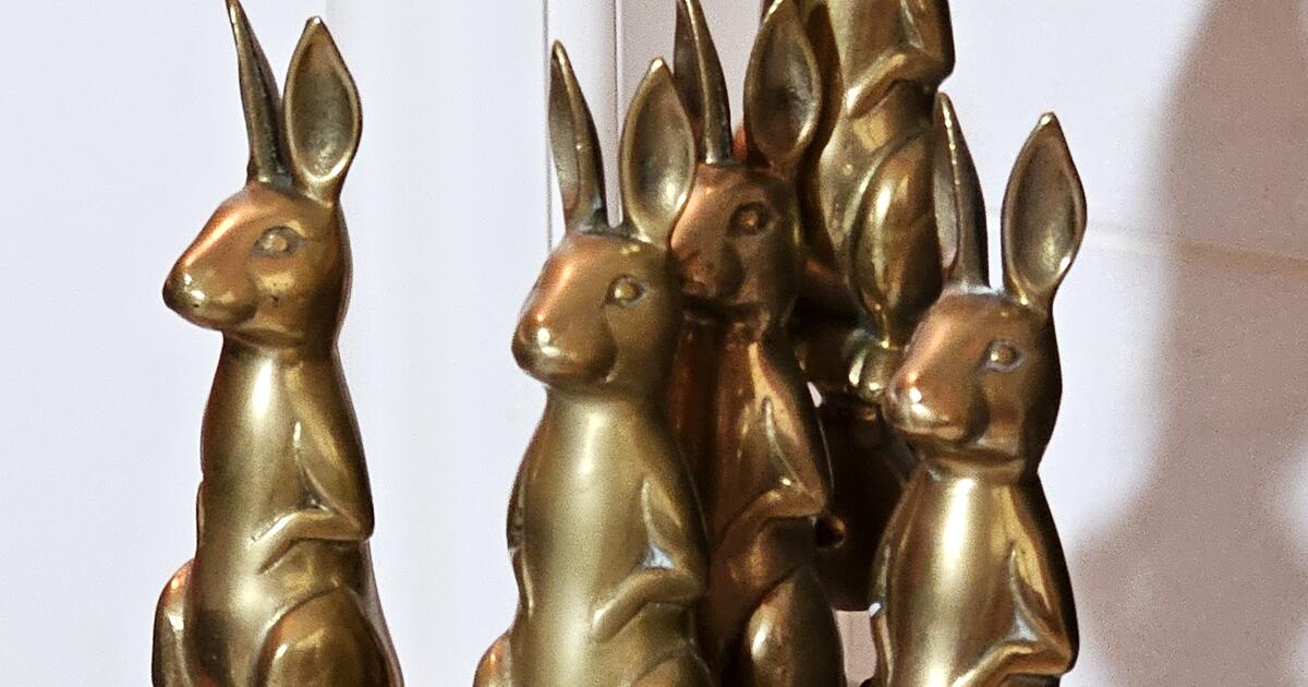 Vintage Brass Rabbit Head Fireplace Tool Set with Stand for $225 in ...