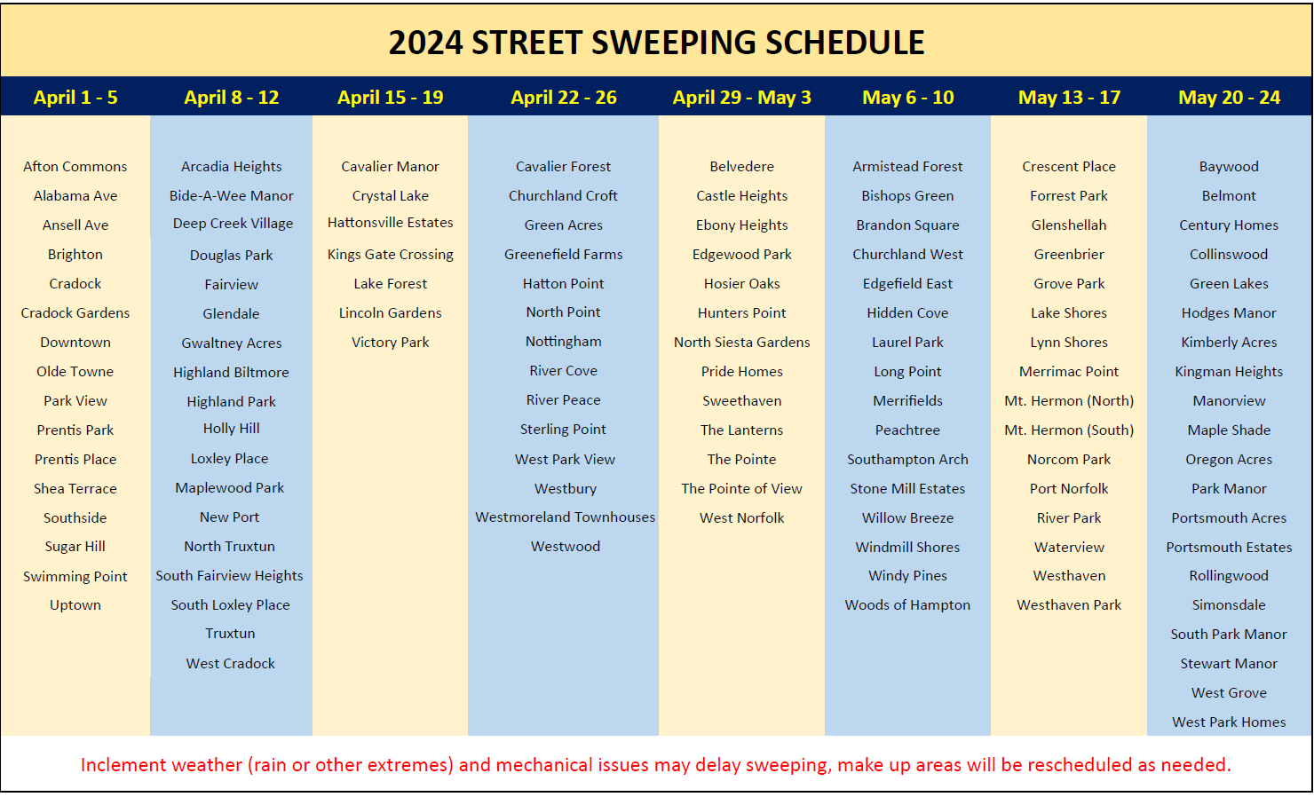 Street Sweeping Schedule for April 1, 2024 through May 24, 2024 (City ...