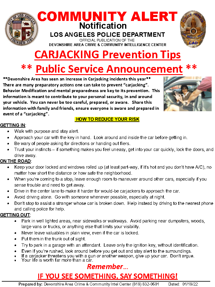 **CARJACKING Prevention Tips** (Los Angeles Police Department ...