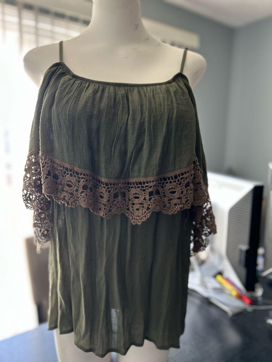 Ladies green spaghetti strap top with decorative fringe (sz XL) for $3 ...