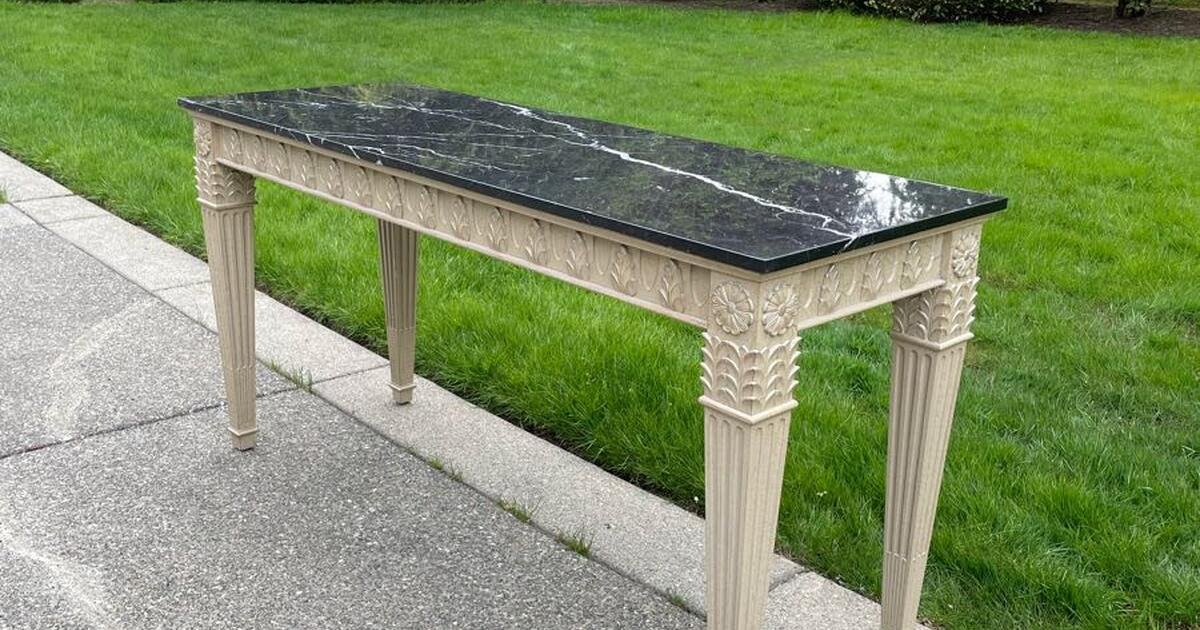 High End Marge Carson Black Marble Top Console Table w/ Ornate Wood ...