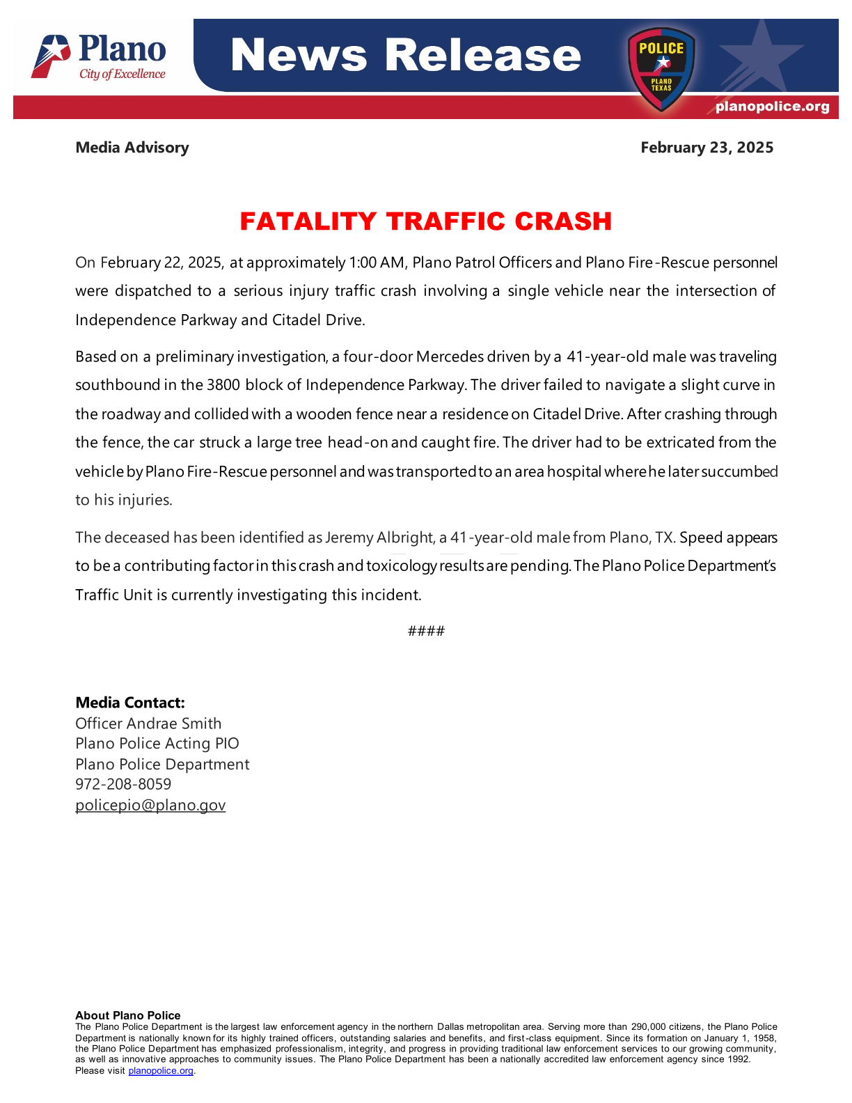 FATALITY TRAFFIC CRASH (Plano Police Department) — Nextdoor — Nextdoor