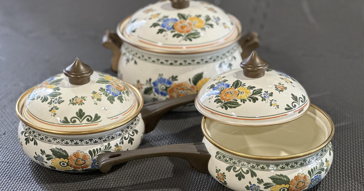 Vintage ASTA Enamelware Cookware 6 Pc Set Floral Old Amsterdam Pots for ...