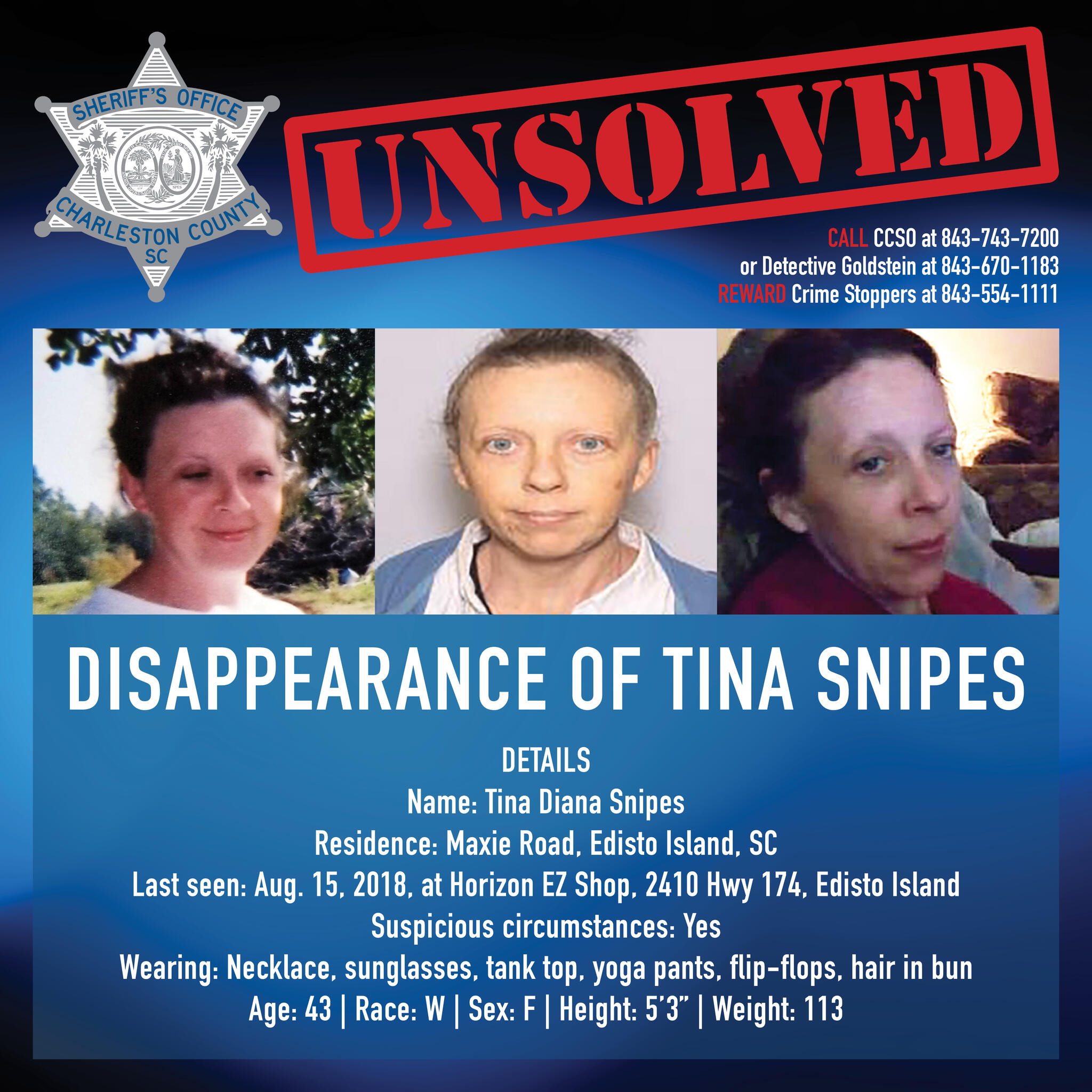 Unsolved: Disappearance of Tina Snipes (Charleston County Sheriff's ...