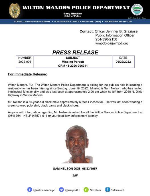 Missing Person Sam Nelson has been located and is safe. (Wilton Manors ...