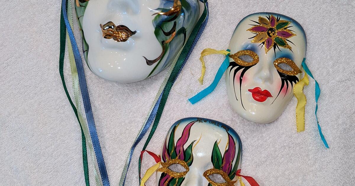 Three painted, ceramic Mardi Gras masks with hanging ribbons for $20 in ...