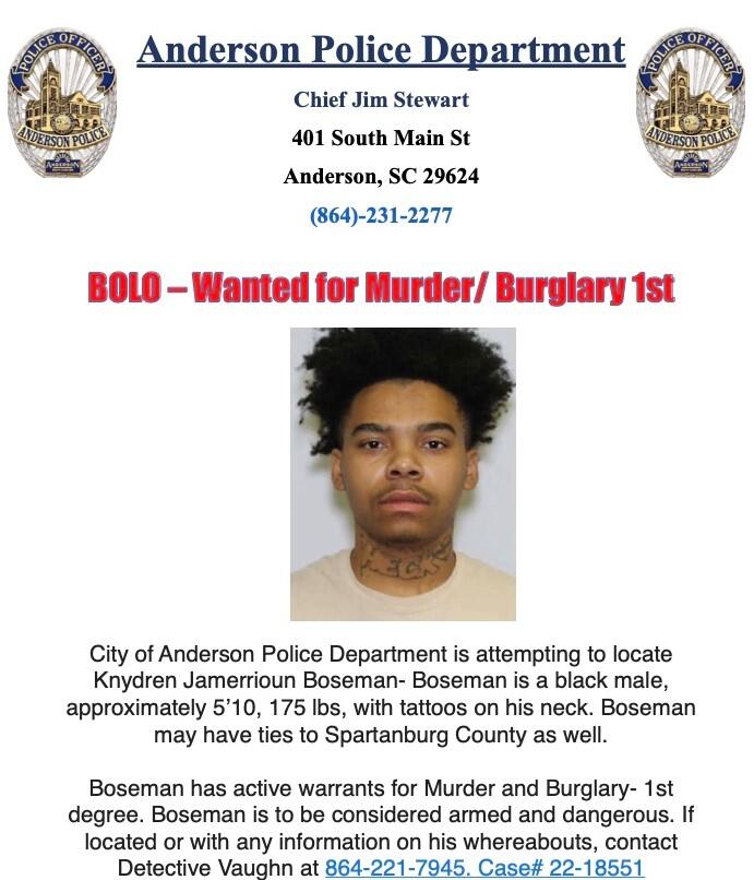 BOLO: Be On the Lookout for Murder Suspect (City of Anderson Police ...