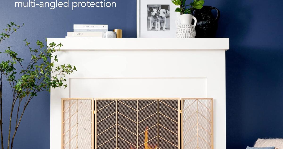 3 Panel Chevron Fireplace Screen, Mid Century Modern Wrought Iron for ...