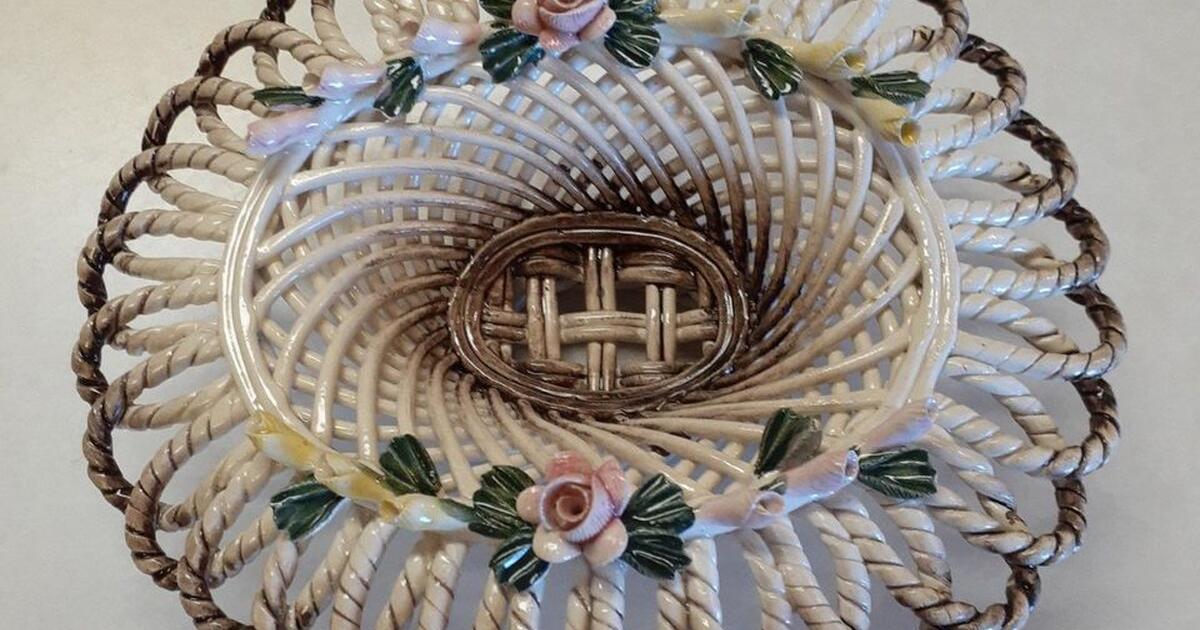 GREAT GIFT VINTAGE CAPODIMONTE FILIGREE BASKET WITH DAINTY PINK ROSES ...