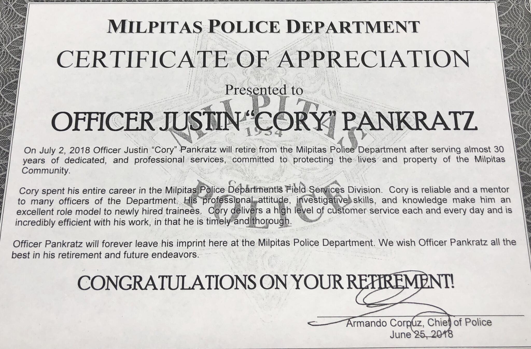 Retirement of Officer Justin “Cory” Pankratz #162 (Milpitas Police ...