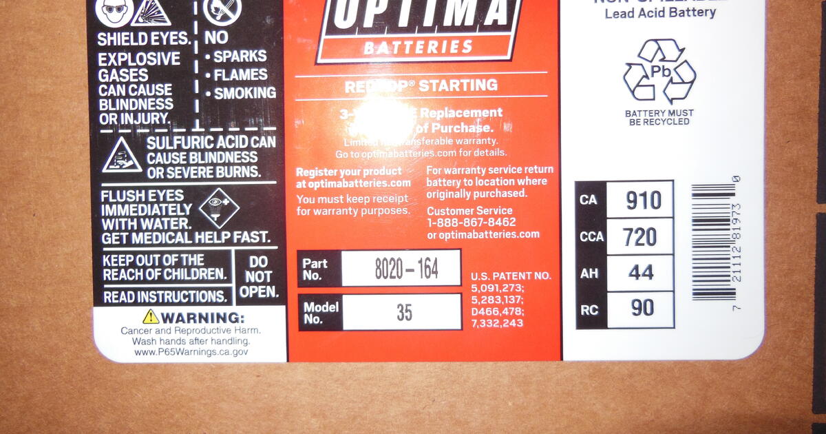 Optima AGM Red Top Battery model number 35 Part8020-164 for $200 in ...