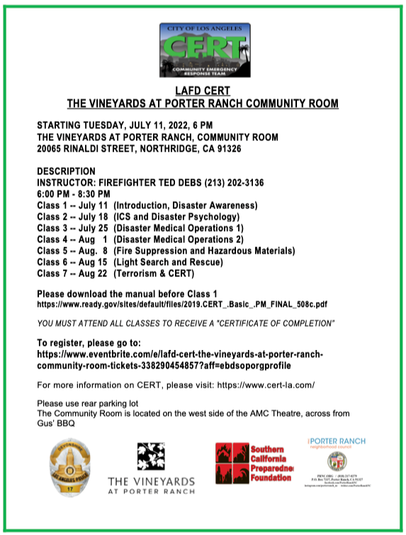 **LAFD CERT Training at the Vineyards Porter Ranch - Starting July 11 ...