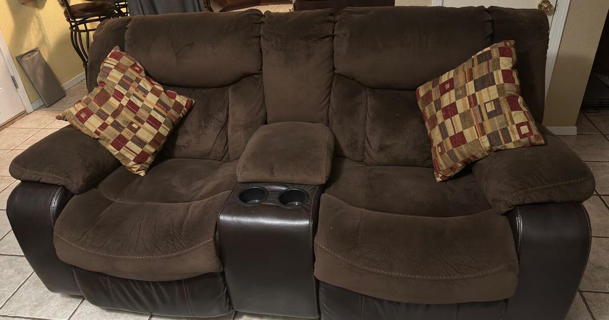 Chocolate brown Ashley Select reclining sofa and loveseat plus rug for ...