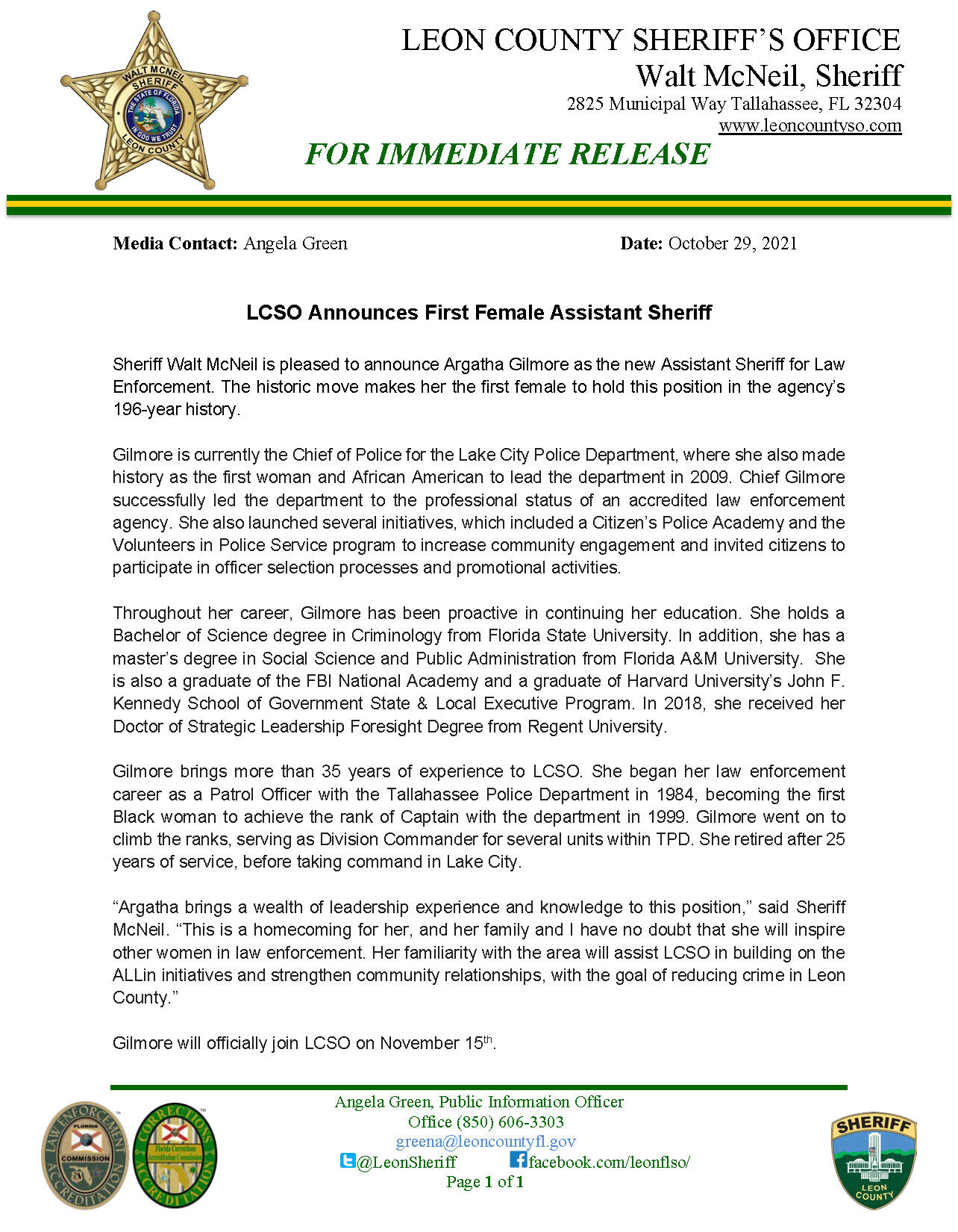 LCSO Announces First Female Assistant Sheriff (Leon County Sheriffs ...