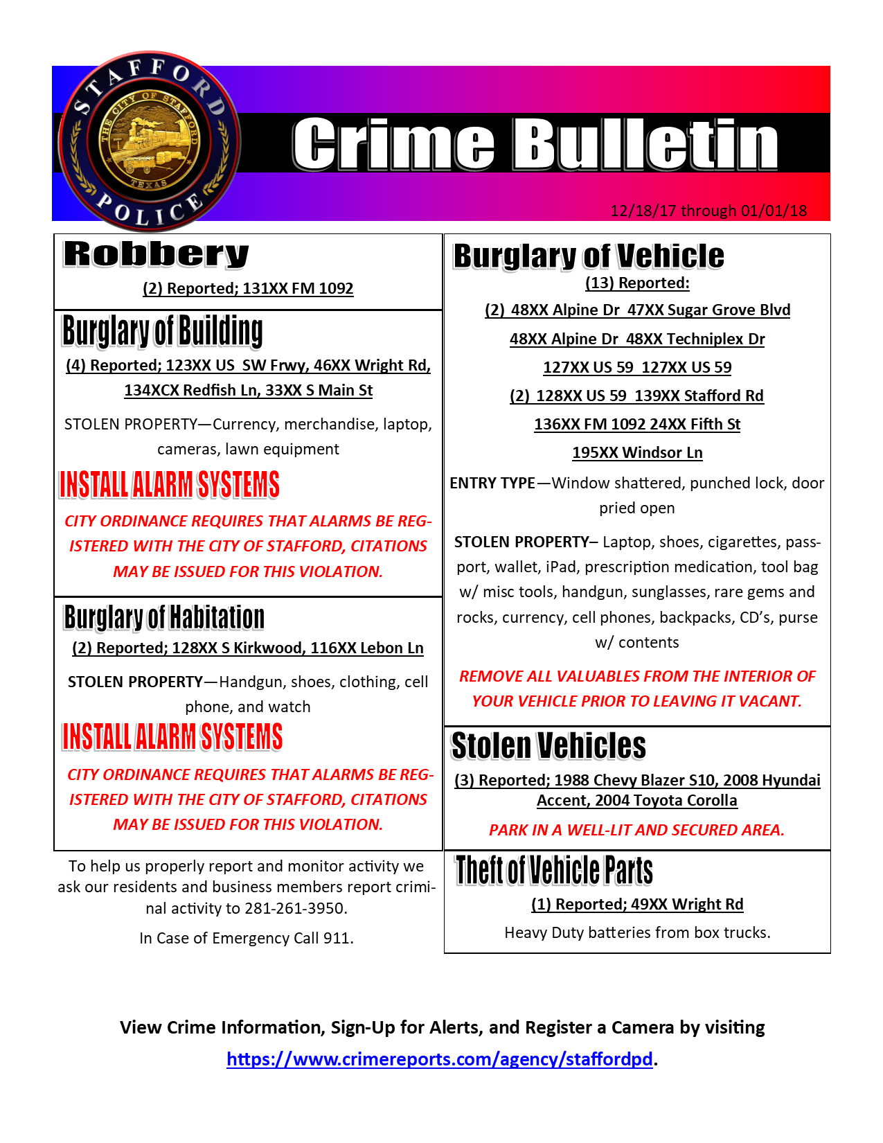 Crime Bulletin (Stafford Police Department) — Nextdoor — Nextdoor