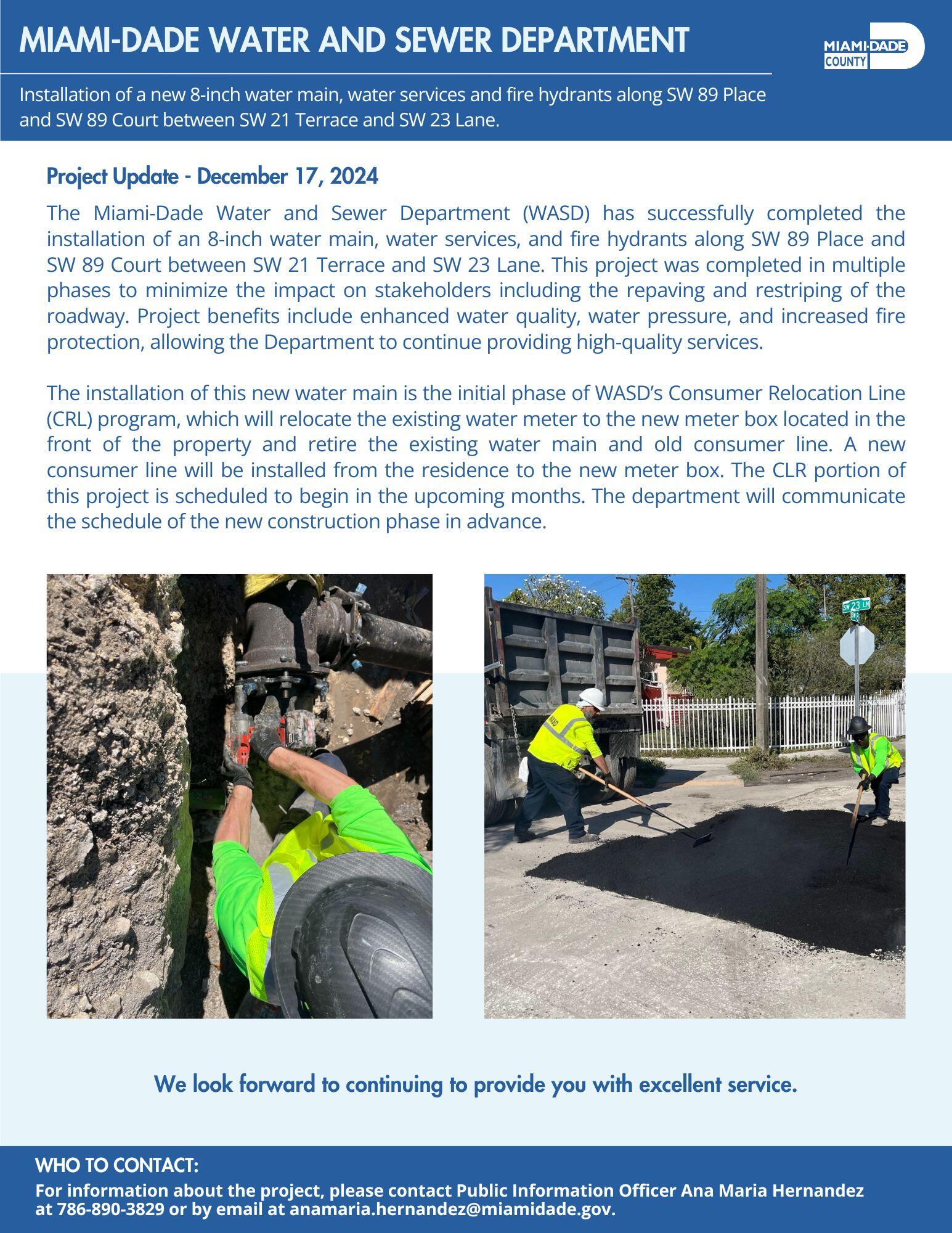 PROJECT UPDATE: The Miami-Dade Water and Sewer Department (WASD) has ...