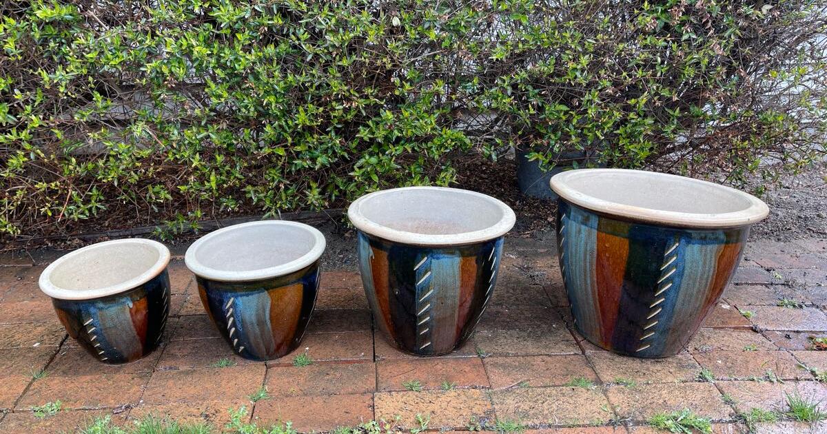 Set of 4 Matching Ceramic Pots - 15” 12” 9” 8” Diameters with Drainage ...