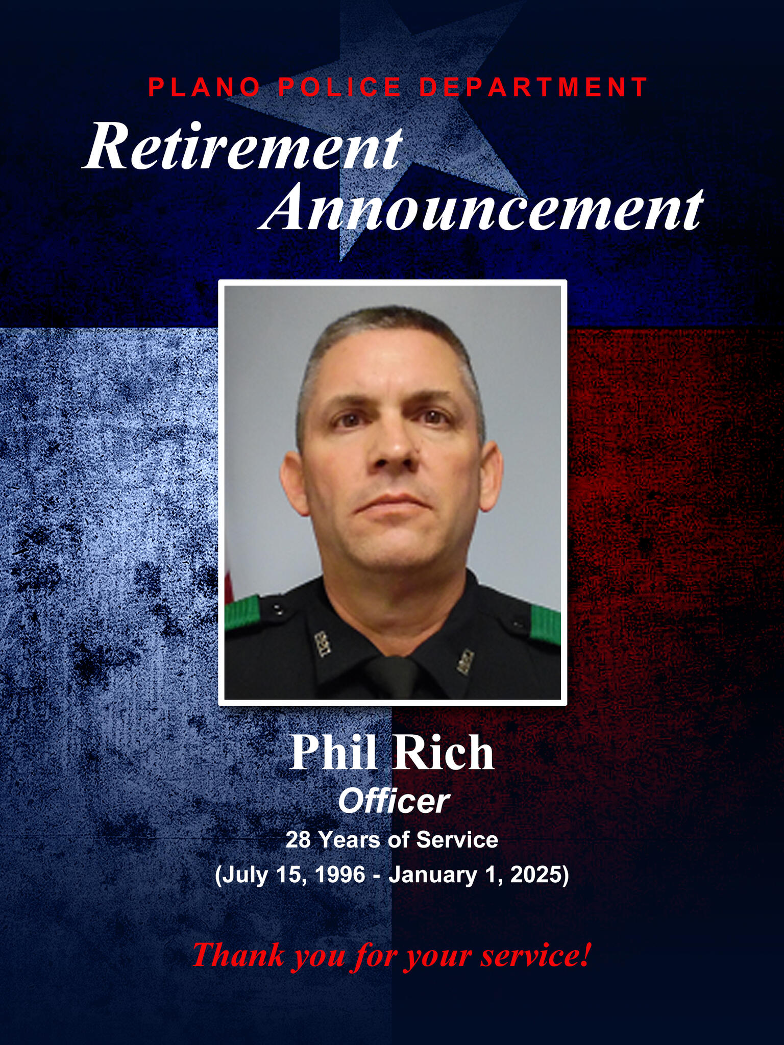 On January 1, 2025, Officer Phil Rich retired after over 28 years of ...