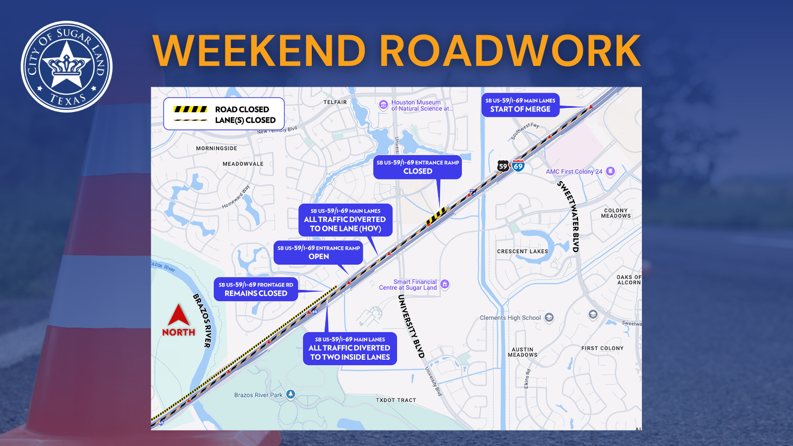 As part of Phase II of the Brazos River Bridge project, TxDOT will close US 59/I-69 southbound ...