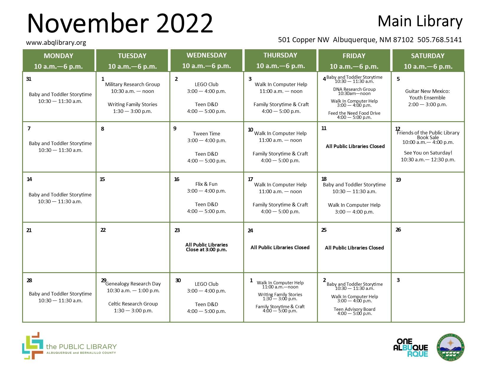Main Library November 2022 Calendar & Programs (City of Albuquerque ...