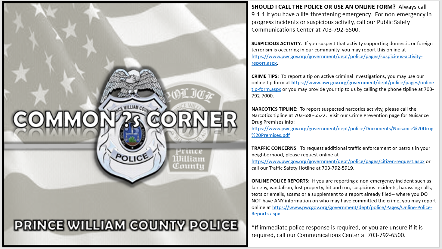 WHEN TO CALL THE POLICE OR USE AN ONLINE FORM (Prince William County ...