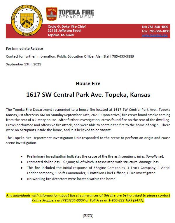 House fire at 1617 SW Central Park (City of Topeka Fire Department ...