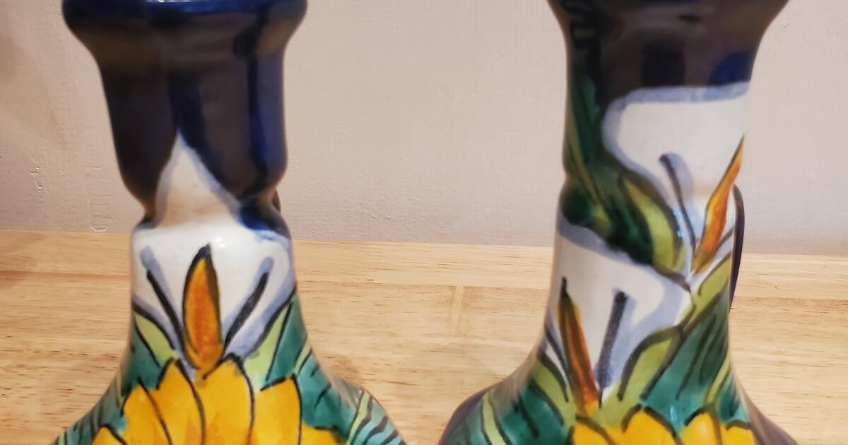 Vintage Talavera Hand Painted Mexican Folk Art Pottery Candle Holders ...